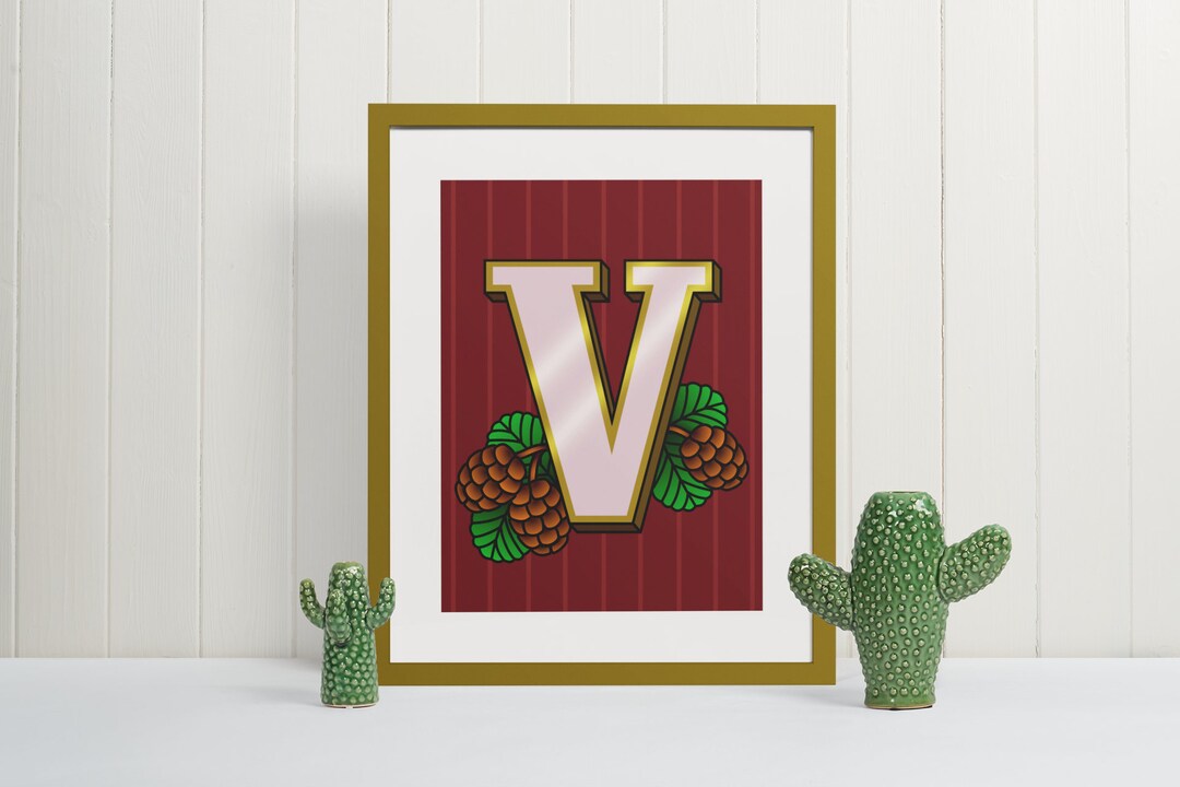 Letter V Wall Art Print, Monogram Typography Poster Unique Initial Gift ...