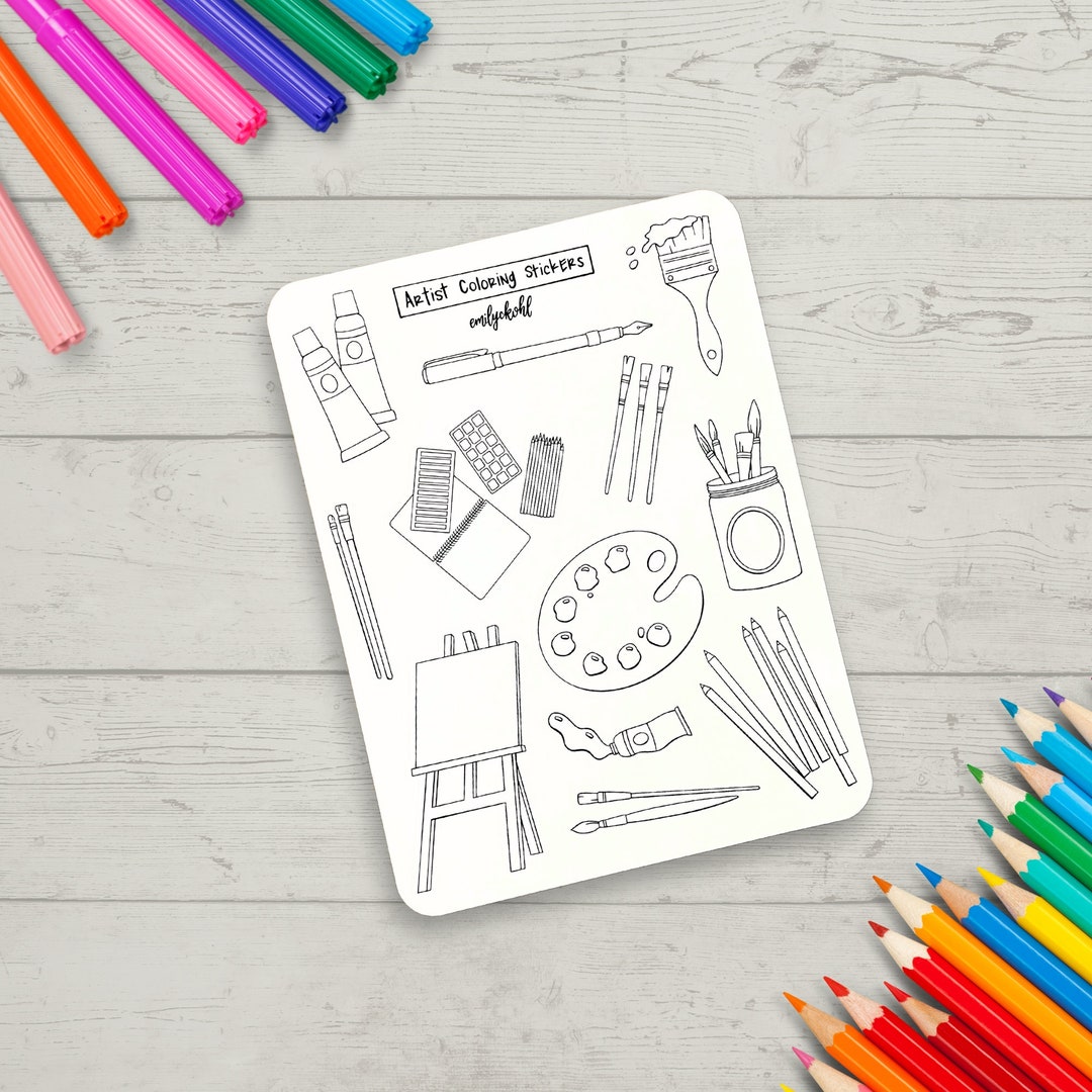 Artist Coloring Stickers: Art Supplies Journal Sticker Sheet - Etsy