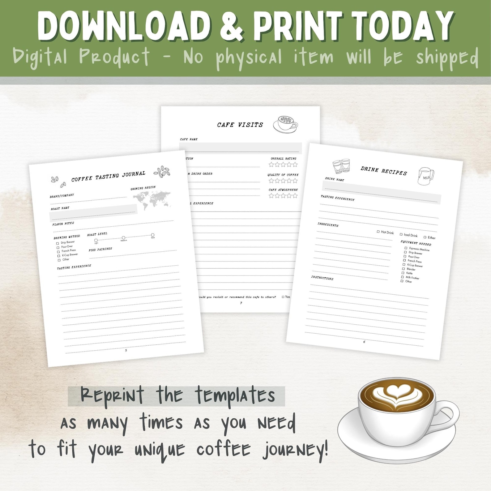 Printable Coffee Tasting Journal: Espresso Recipe Notebook (PDF ...