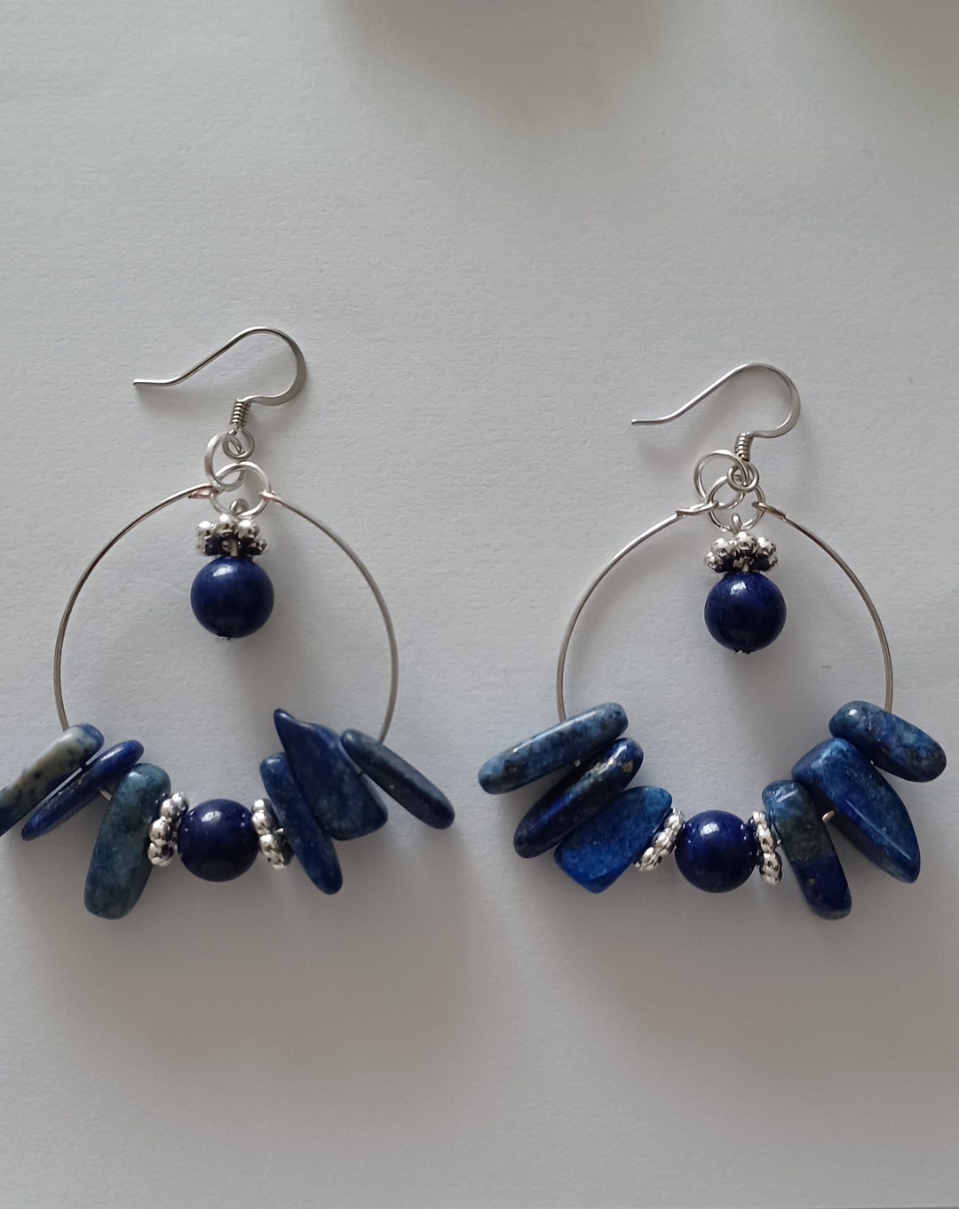 Chip Stone Hoop Earrings Blue, Silver Hoops Blue Chip Stone Beads ...