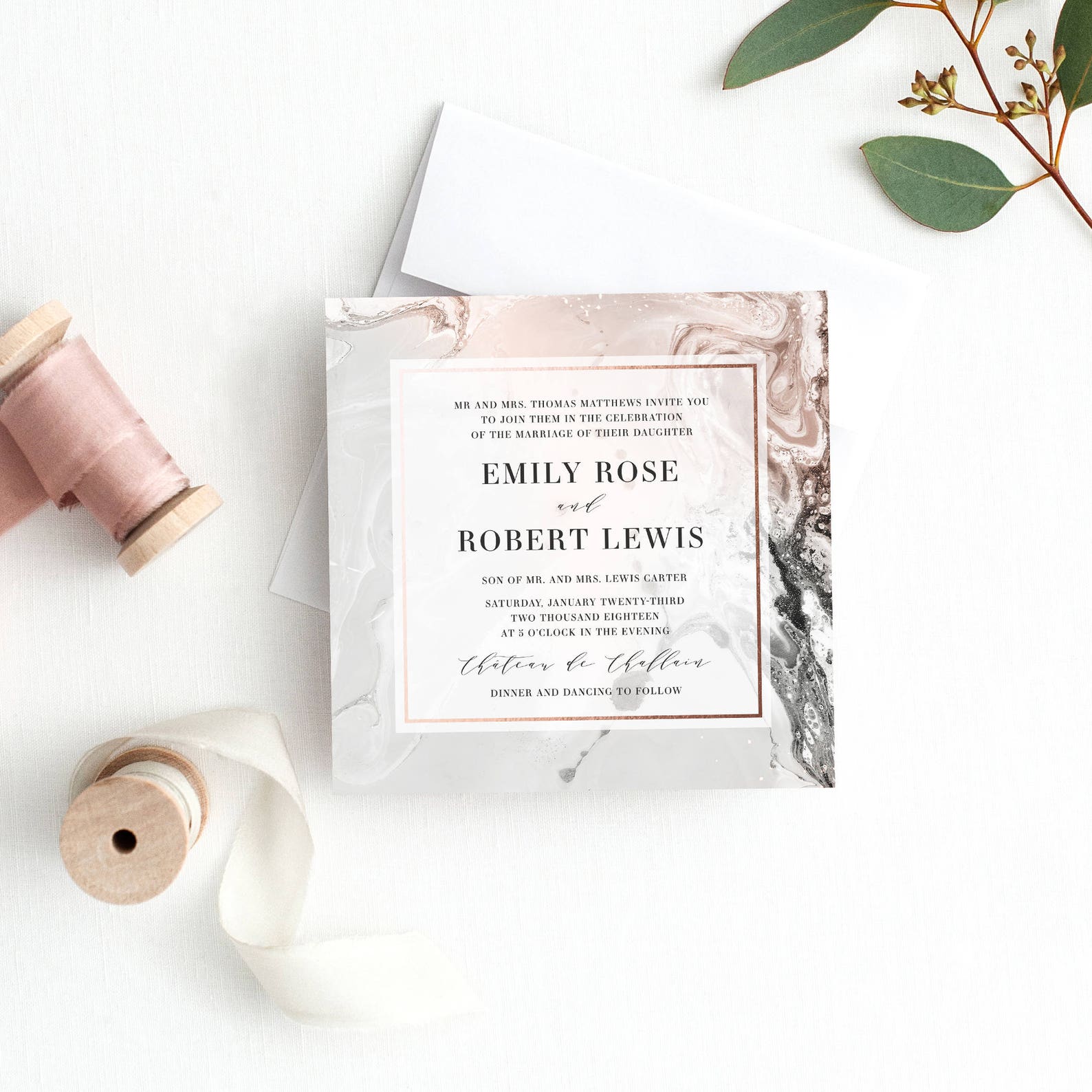 Rose and Graphite Painted Marble Wedding Invitation Suite, Modern, Rose ...