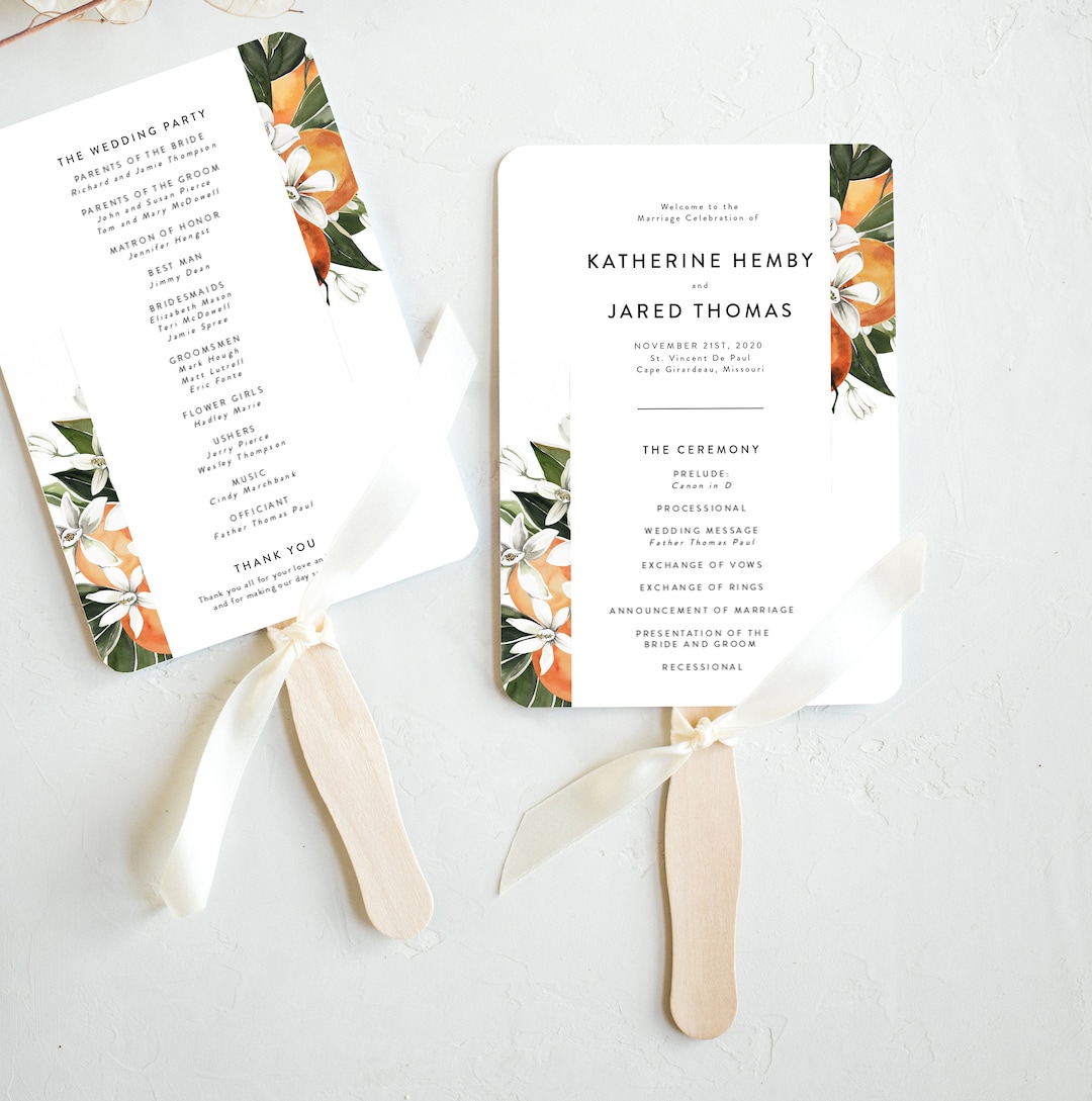 Fleur D' Orange Collection Wedding Program Fan Template, Citrus, Orange ...
