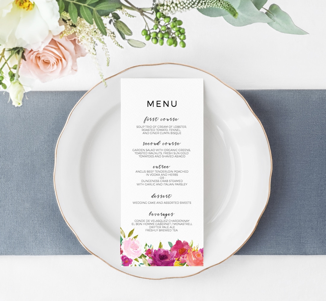 Rosey Wedding Menu Template, Rose, Pink, Red, Fuschia, Purple, DIY ...