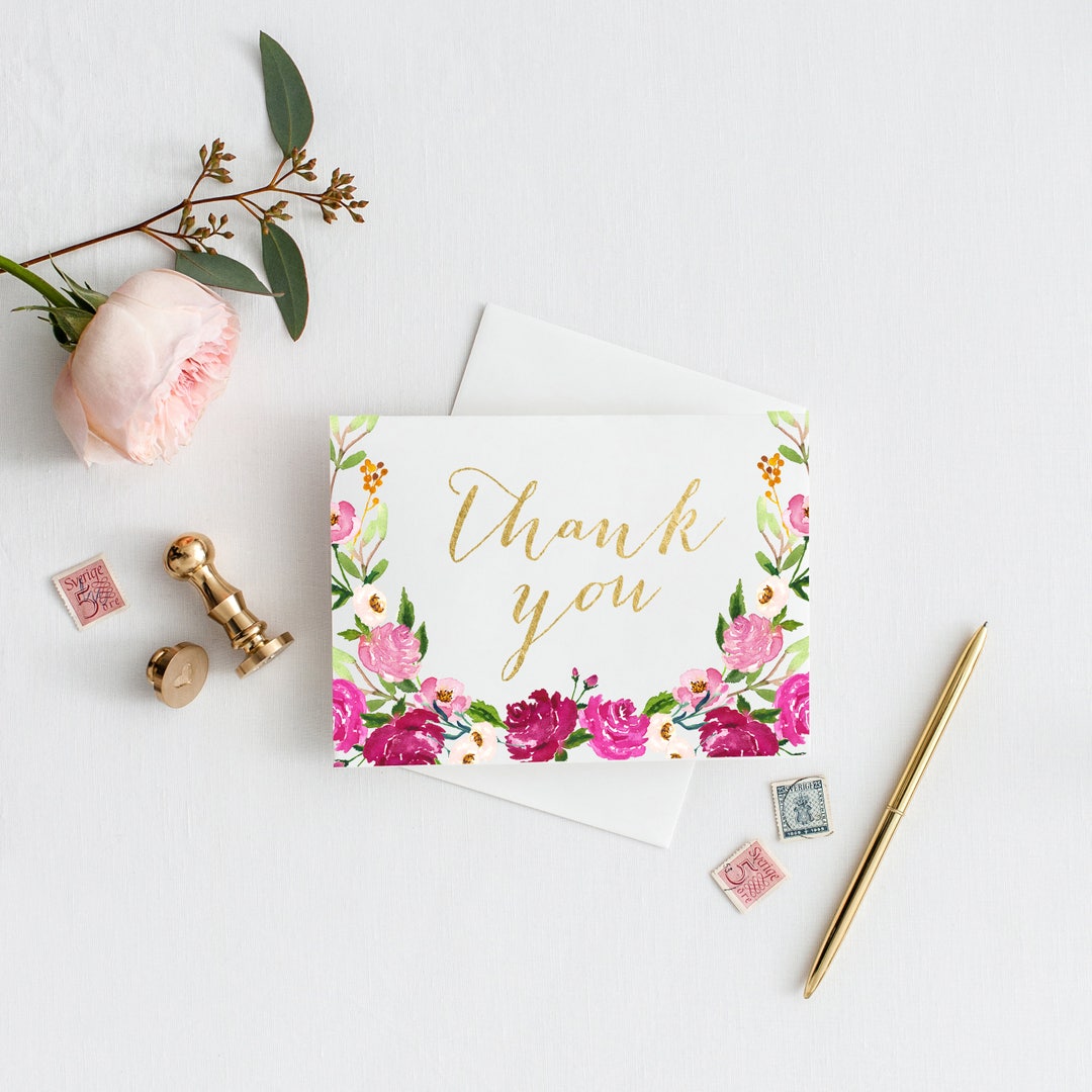 Emilie Wreath Thank You Card, Digital Download, Peony Florals, Pink ...