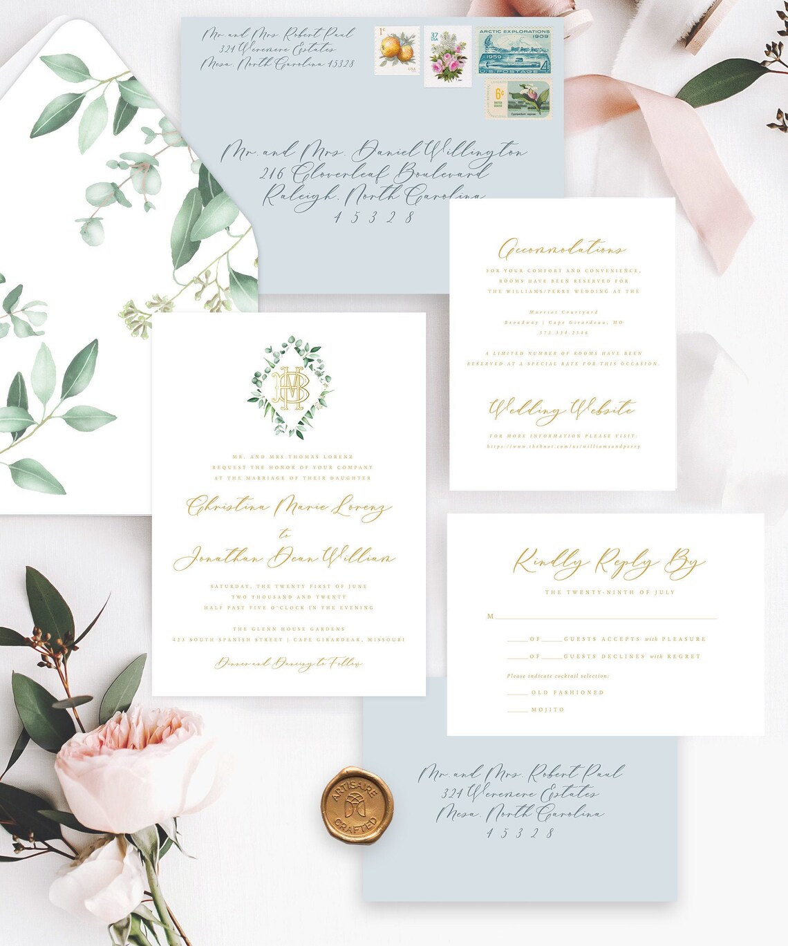 Vintage Greenery Monogram Wedding Invitation Suite | Etsy