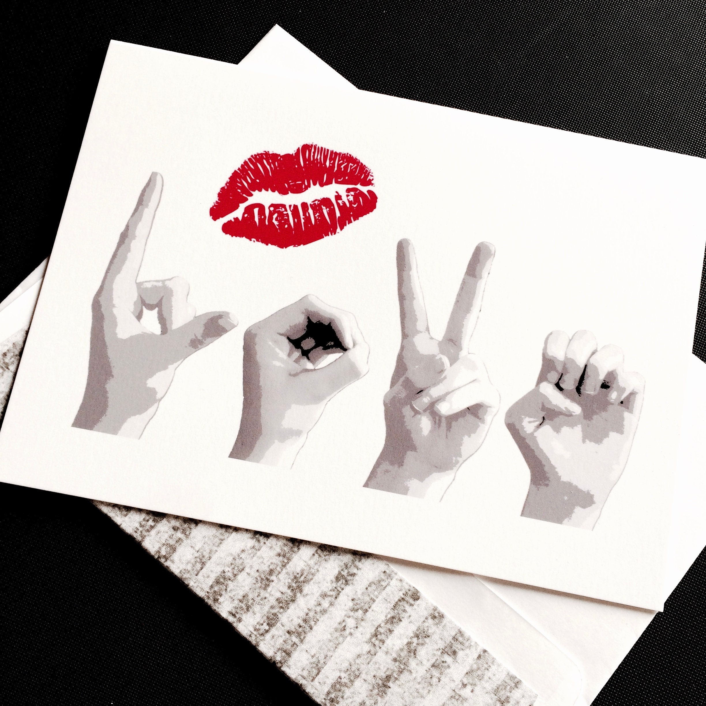 ASL LOVE Kiss Card - American Sign Language - Red or Pink Kiss blank ...