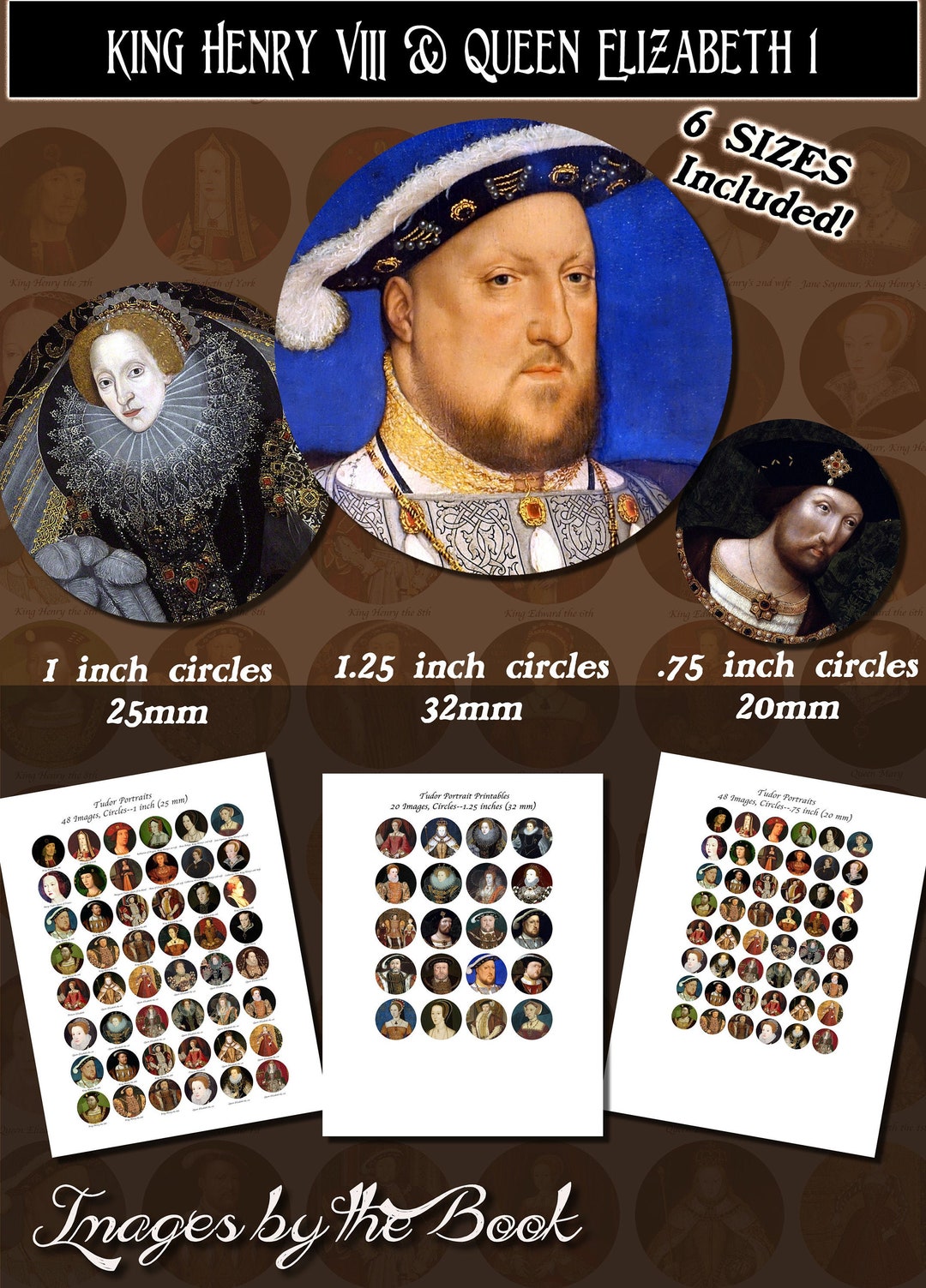 Tudor Portraits, King Henry VIII and Queen Elizabeth I, Round Images ...