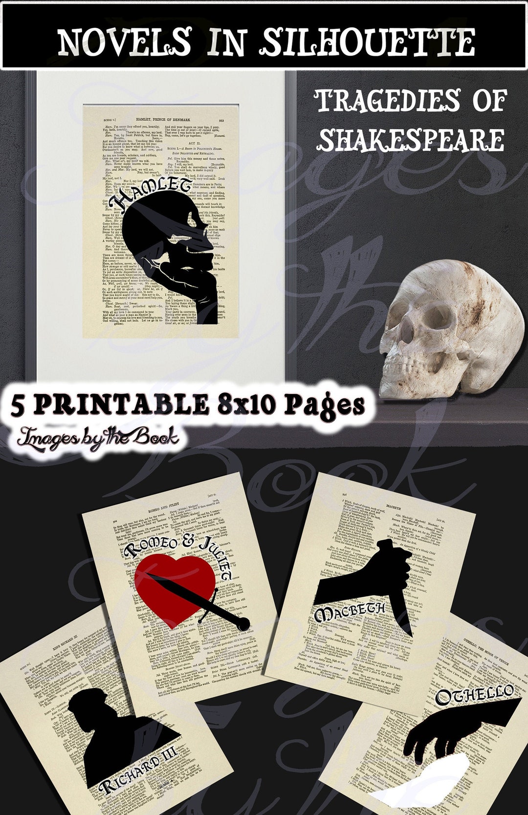 Silhouette Art Prints, Shakespeare, 8x10 Framable Wall Art, Five Sheets ...