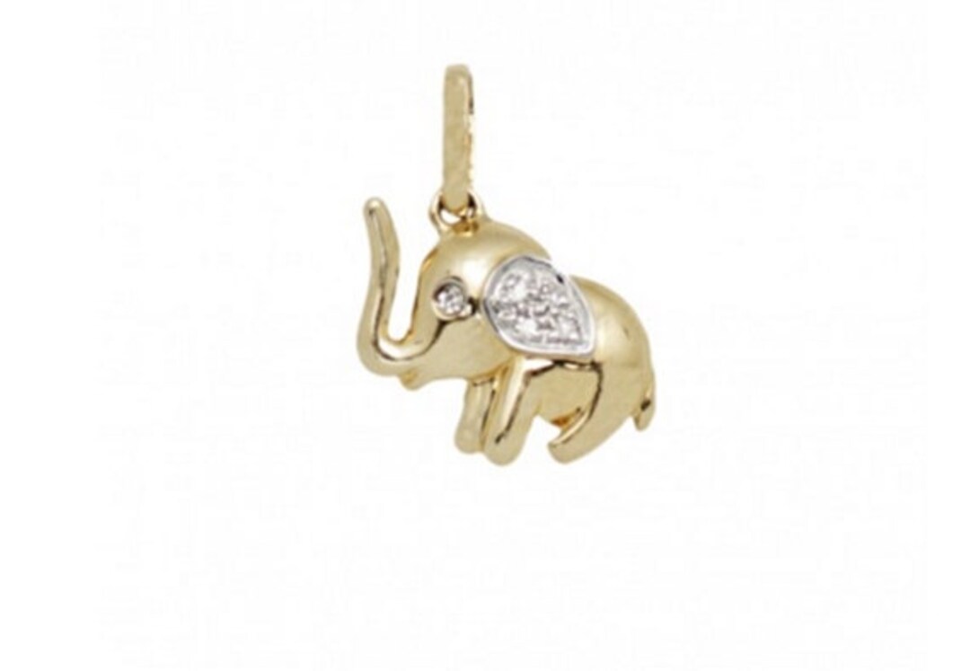 White Diamond and 14k Gold Baby Elephant Pendant Charm / 14k Diamond ...