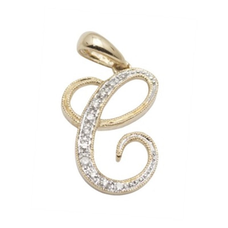 14k Solid Gold and White Diamond Script Initial Charm - Letter C - 16mm ...