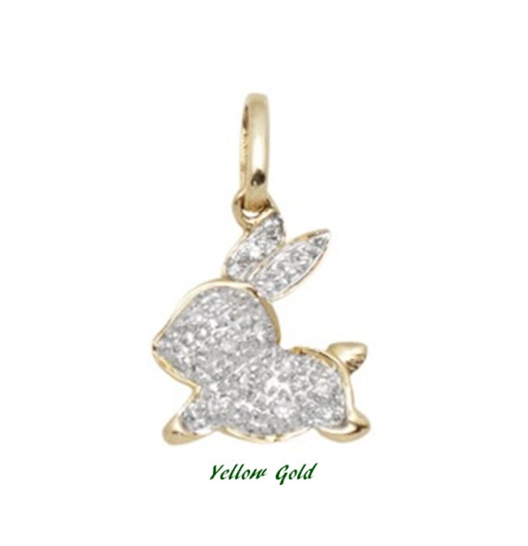 White Diamond and 14k Solid Gold Bunny Rabbit Pendant Charm, 14k Gold ...