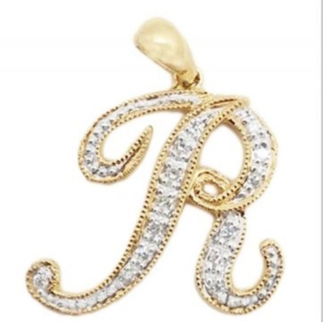 14k SOLID Gold and WHITE Diamond Script Initial Charm - Letter R - 16mm ...