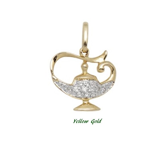 White Diamond and 14k Solid Gold Magic Lamp Pendant Charm, 14k Gold and ...