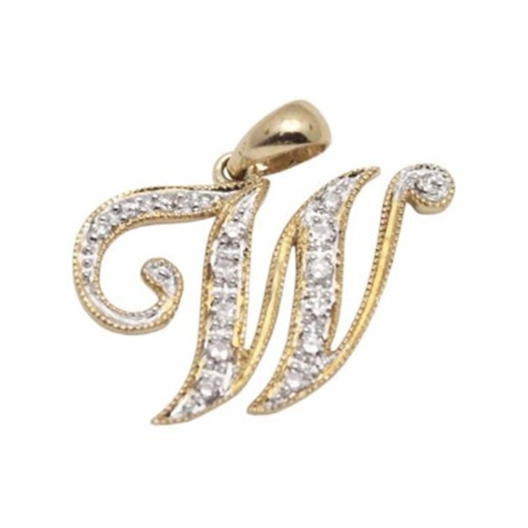 14k SOLID Gold and WHITE Diamond Script Initial Charm - Letter W - 16mm ...