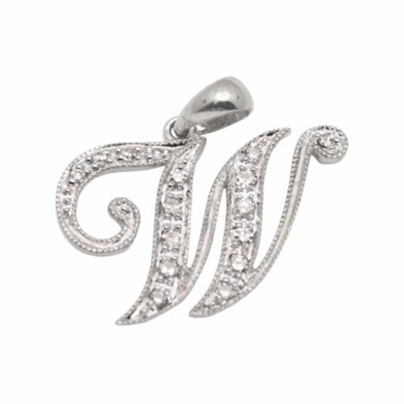 14k SOLID Gold and WHITE Diamond Script Initial Charm - Letter W - 16mm ...