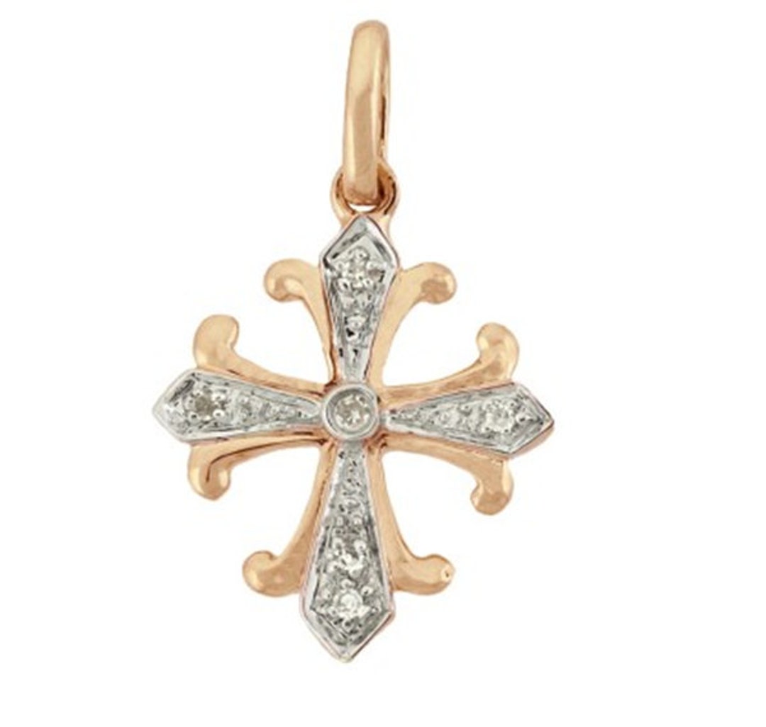 White Diamond and 14k Gold Gothic Cross Pendant Charm / A Beautiful ...