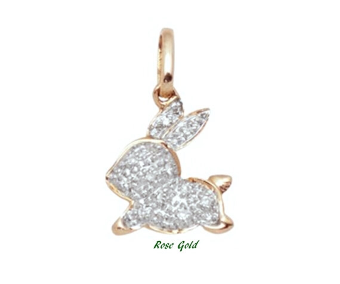 White Diamond and 14k Solid Gold Bunny Rabbit Pendant Charm - Etsy