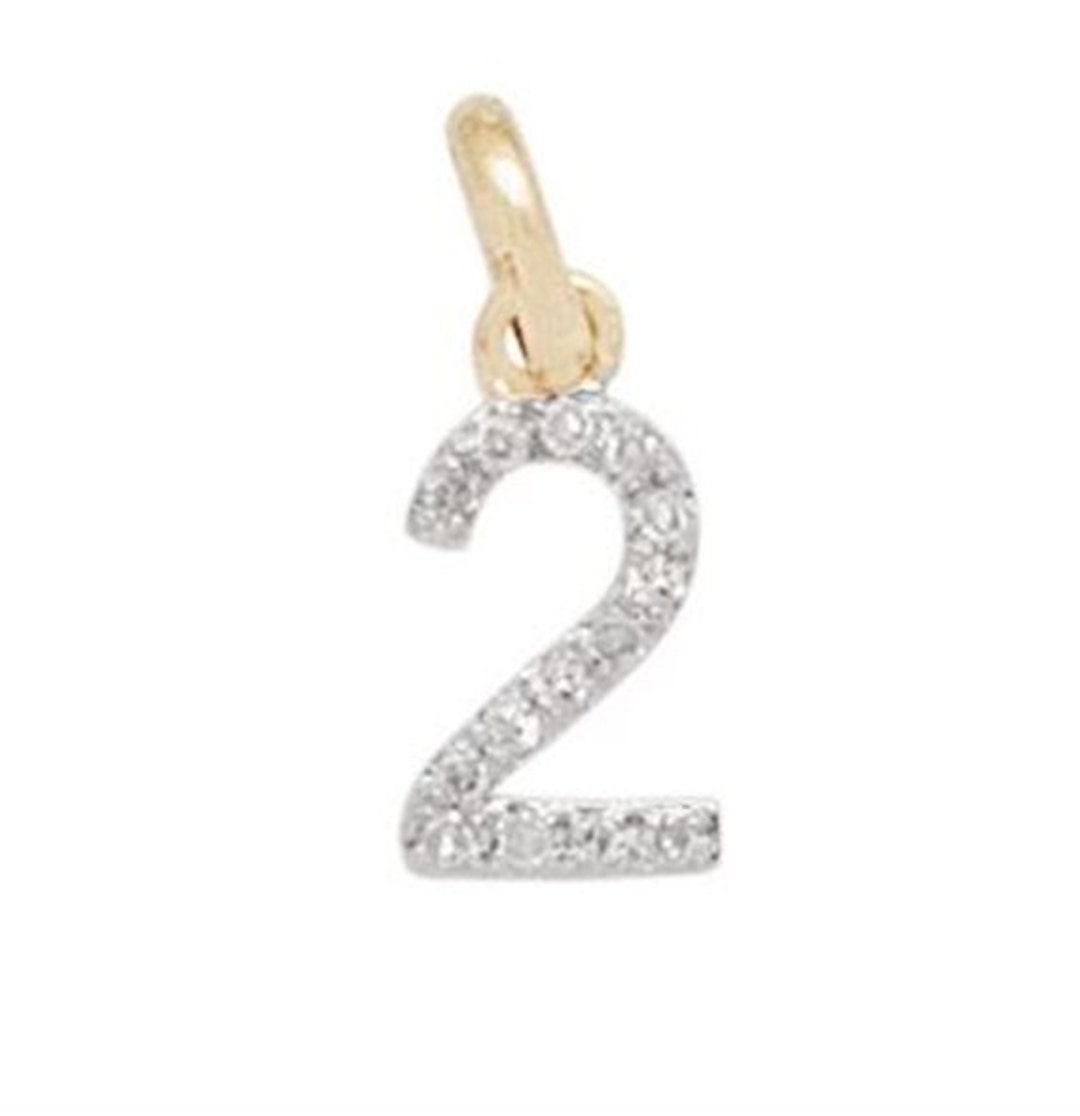 14k Solid Gold and Diamond Number Charm - Number 2 - 8mm Length ...