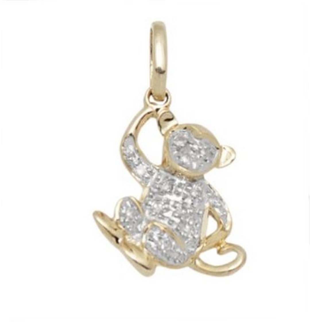 14k Gold and White Diamond Monkey Pendant Charm / 14k Pave Animal Charm ...