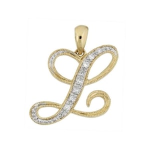 14k SOLID Gold and WHITE Diamond Script Initial Charm - Letter L - 16mm ...