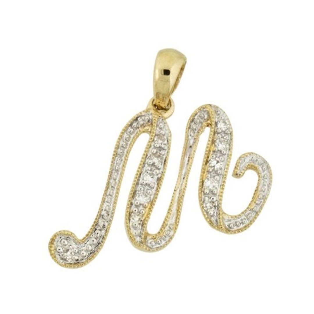 14k SOLID Gold and WHITE Diamond Script Initial Charm - Letter M - 16mm ...