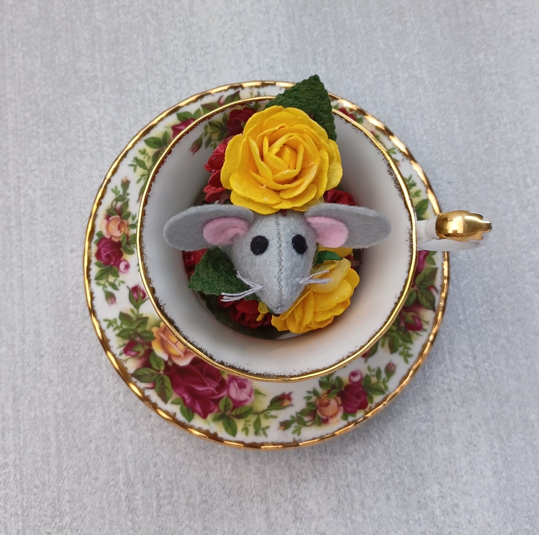 Mouse in a Teacup Ornament, Cute Mice Gifts, Red and Yellow Roses, OOAK ...