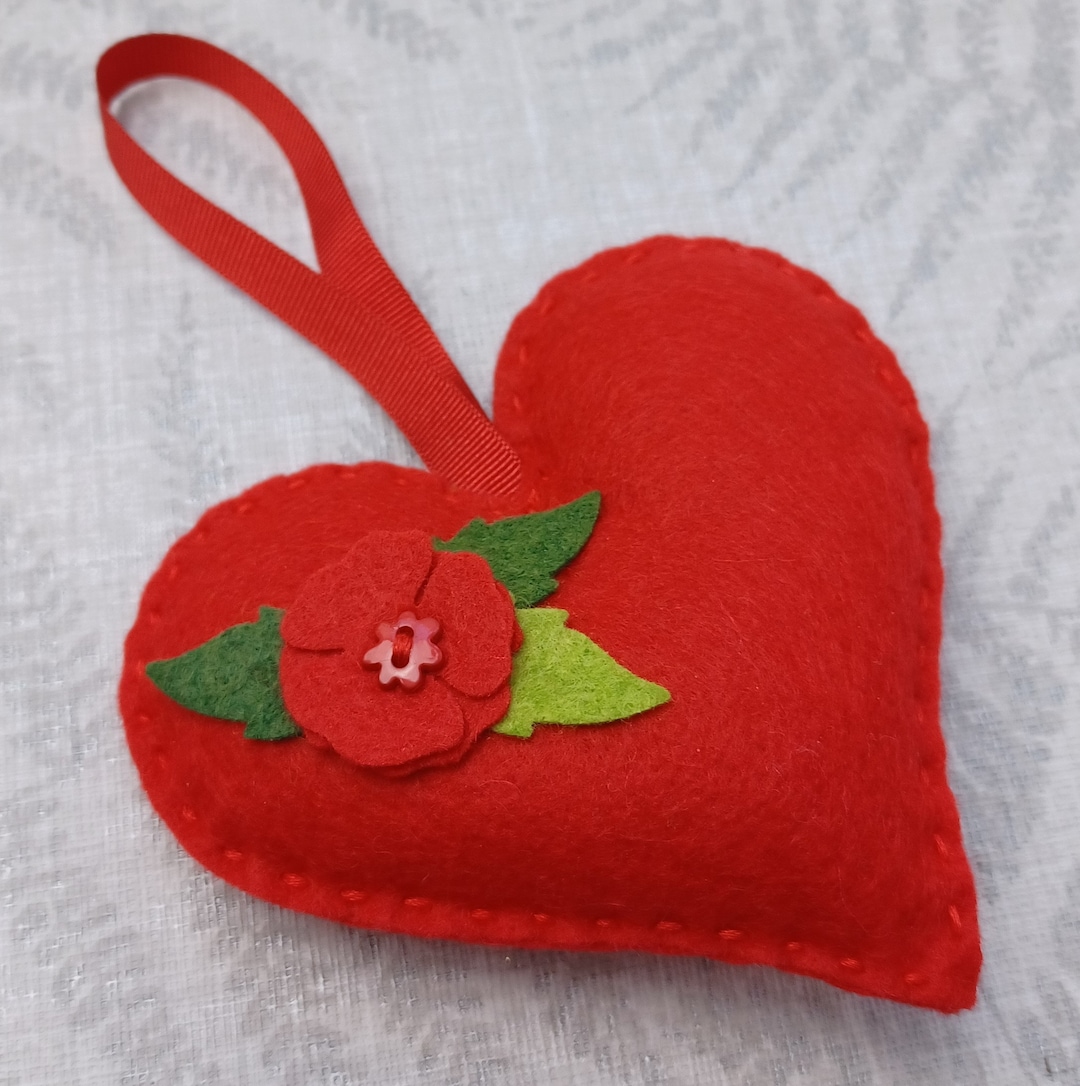 Red Felt Heart, Valentine's Day Gift, Padded Hearts, Floral Love Token ...