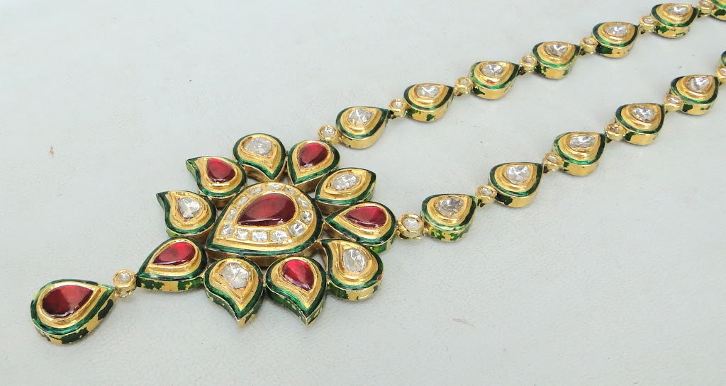 Vintage 20 K Gold Diamond Kundan Enamel Work Necklace Rajasthan India ...