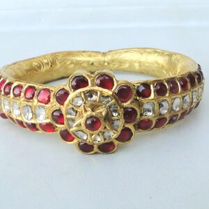 Vintage Antique 20k Gold Diamond Polki Ruby Hinge Bracelet Bangle ...