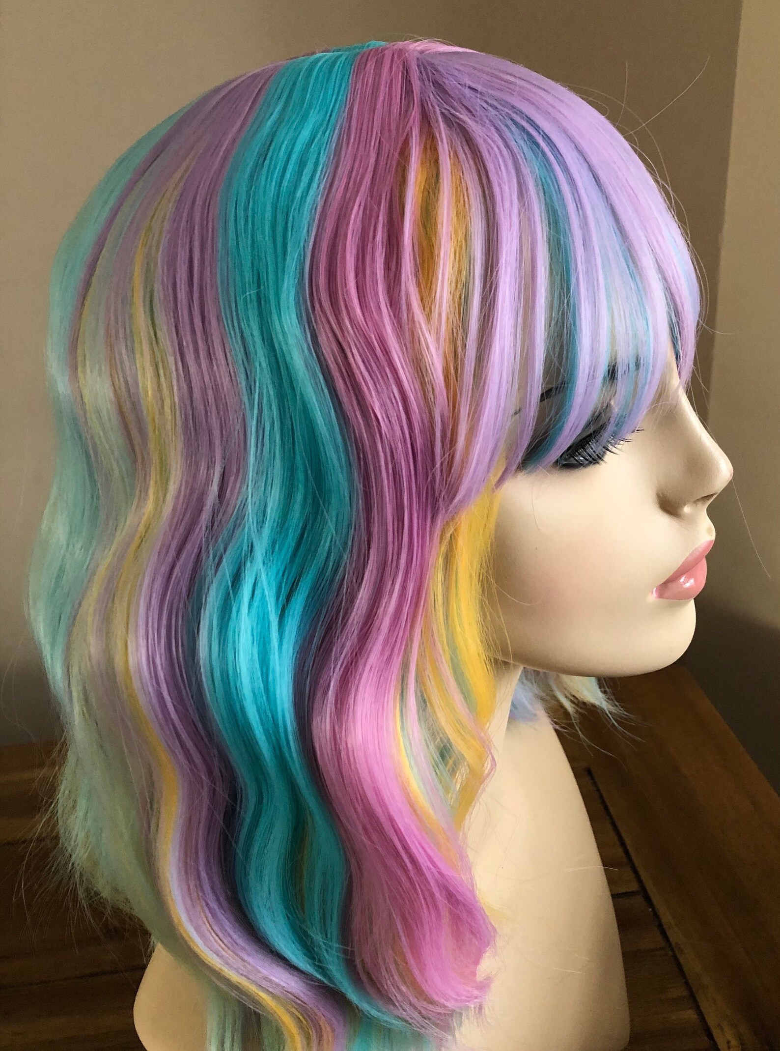 CASSIE Cosplay Wig Short Wavy Rainbow Pastel Colored Wig is | Etsy