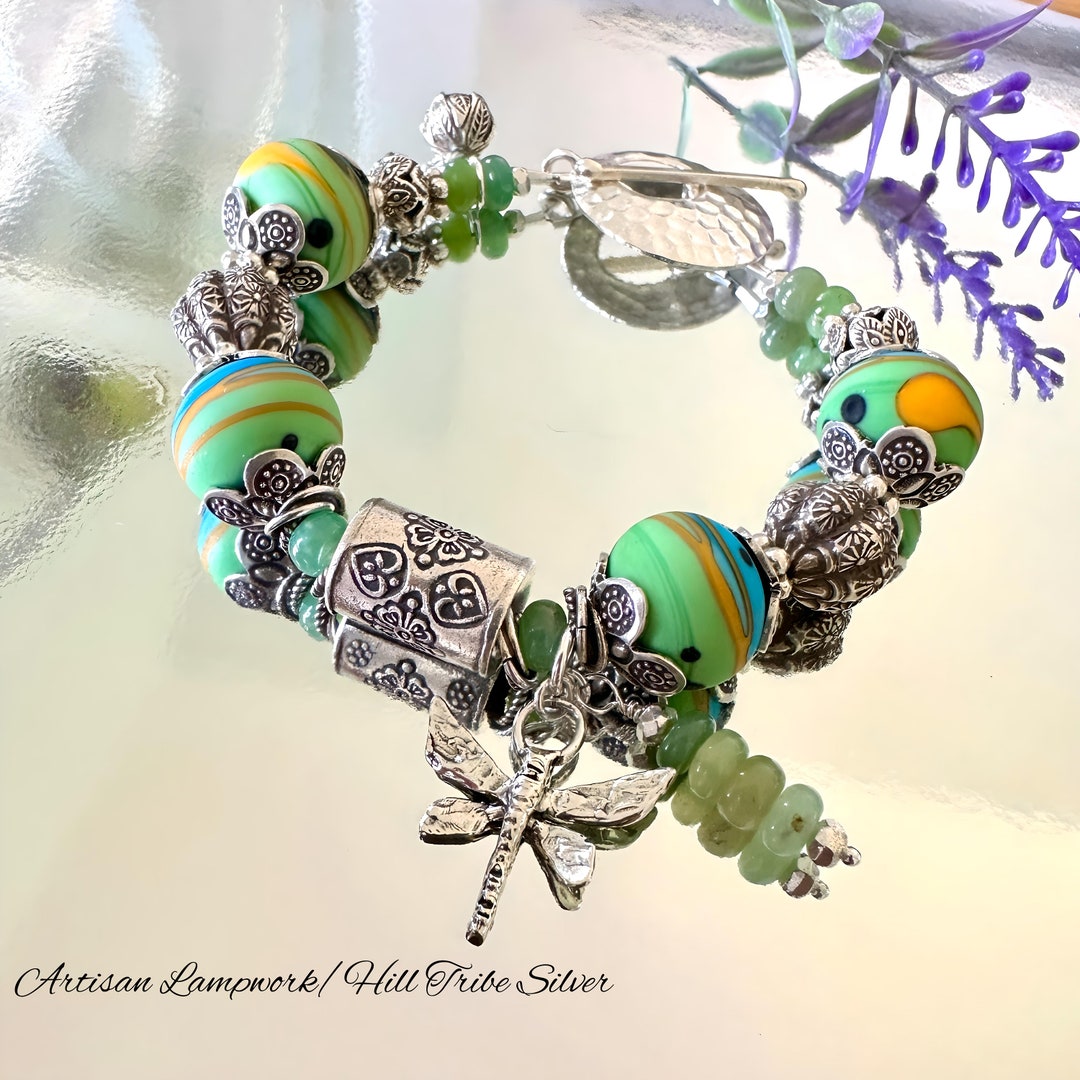 Lampwork Bead Hill Tribe Silver Dragonfly Charm Bracelet for Women ...