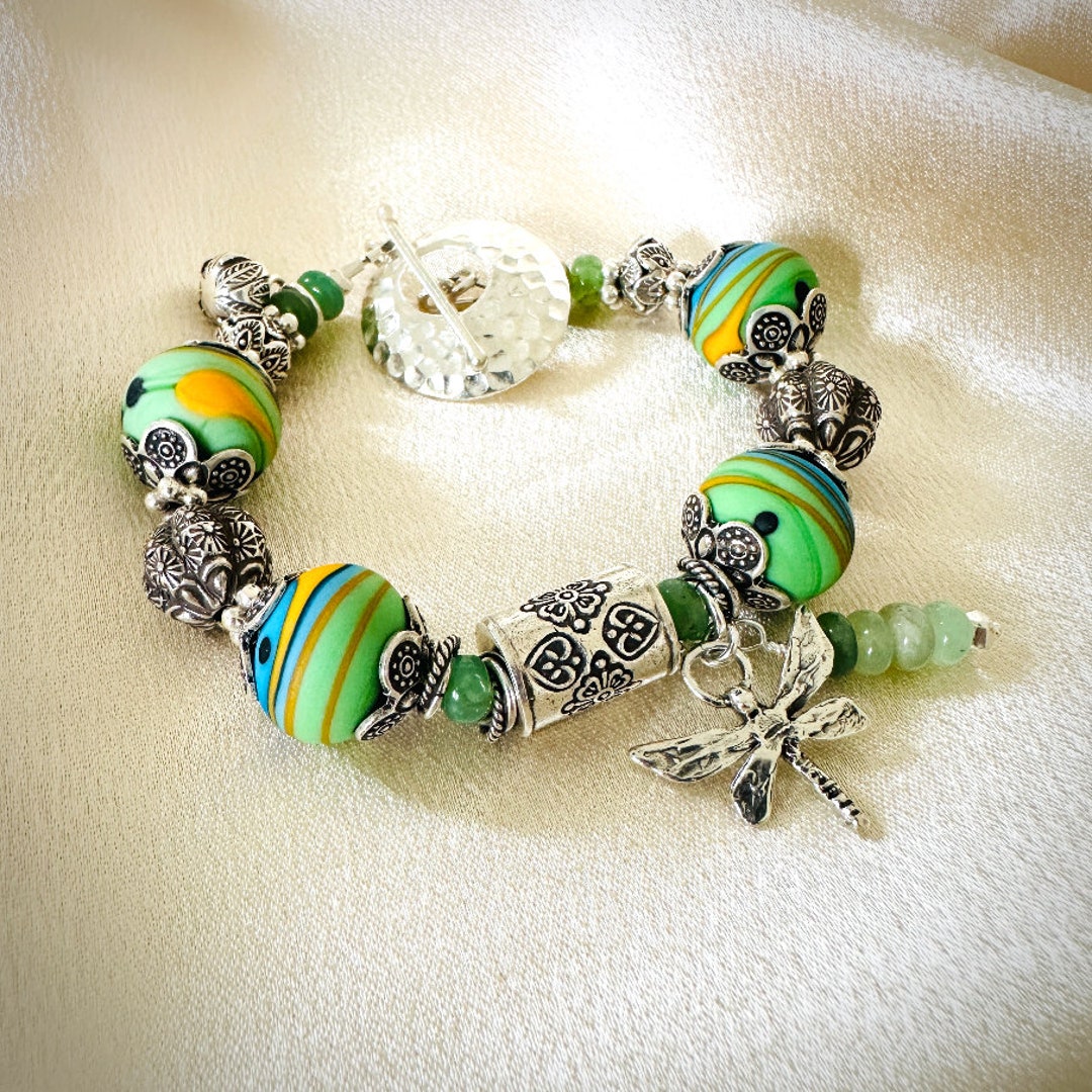 Lampwork Bead Hill Tribe Silver Dragonfly Charm Bracelet for Women ...