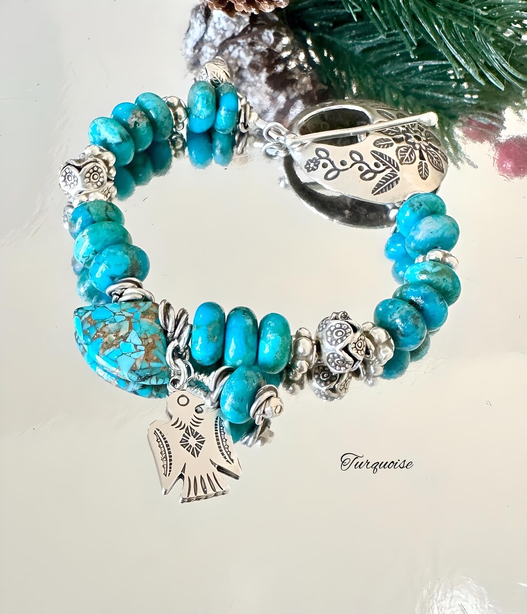 Kingman Turquoise Thunderbird Charm Bracelet for Women, Hill Tribe ...