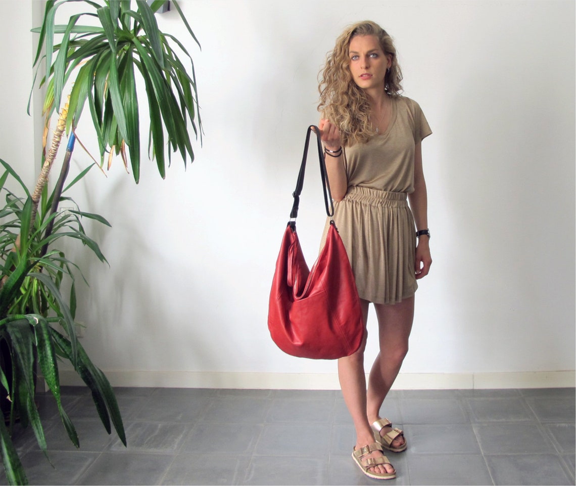 Red Leather Bag Women Leather Sling Leather Hobo Bag Large Leather ...