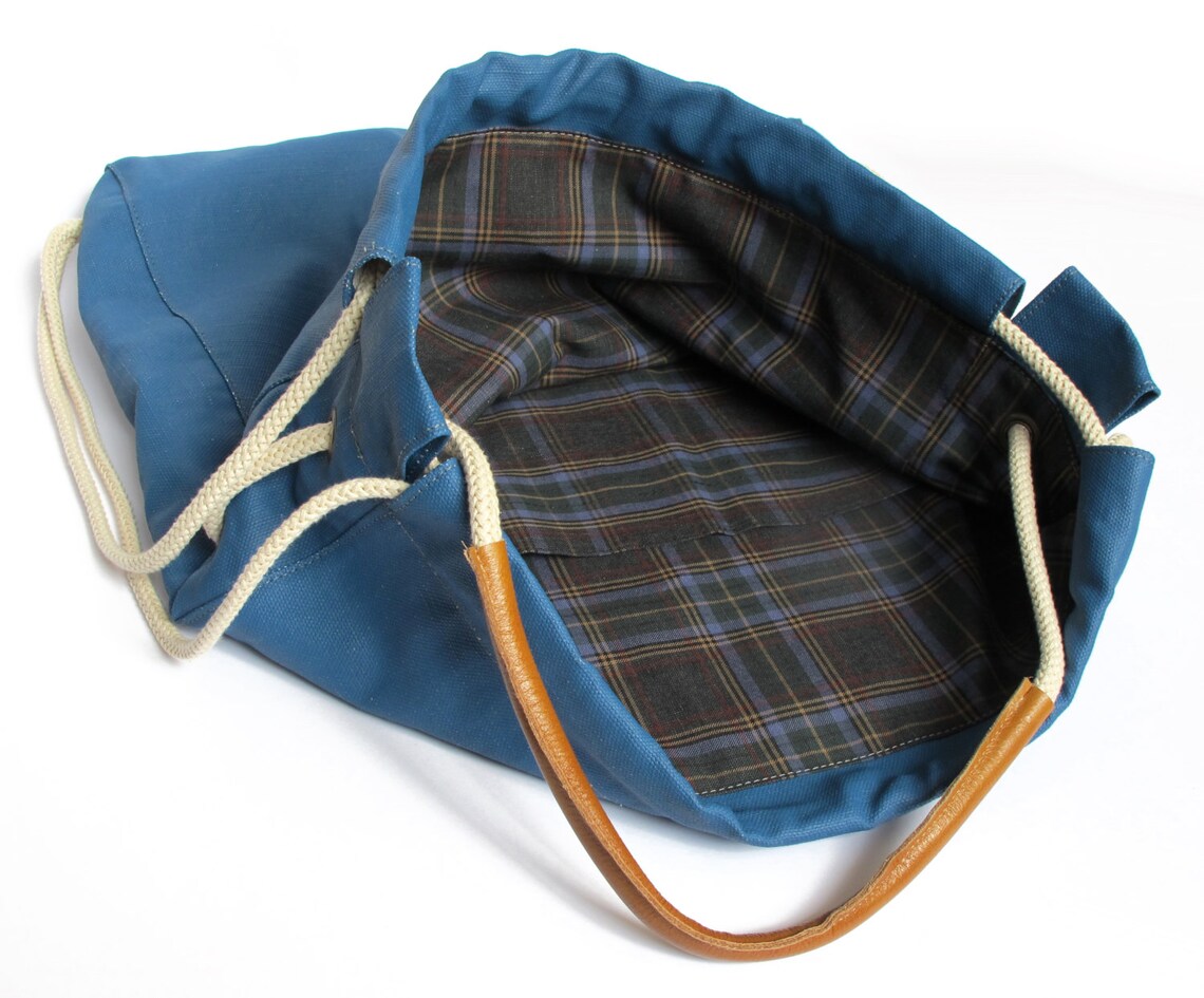 Large Blue Canvas Drawstring Backpack Purse Unisex Travel Bag Large ...