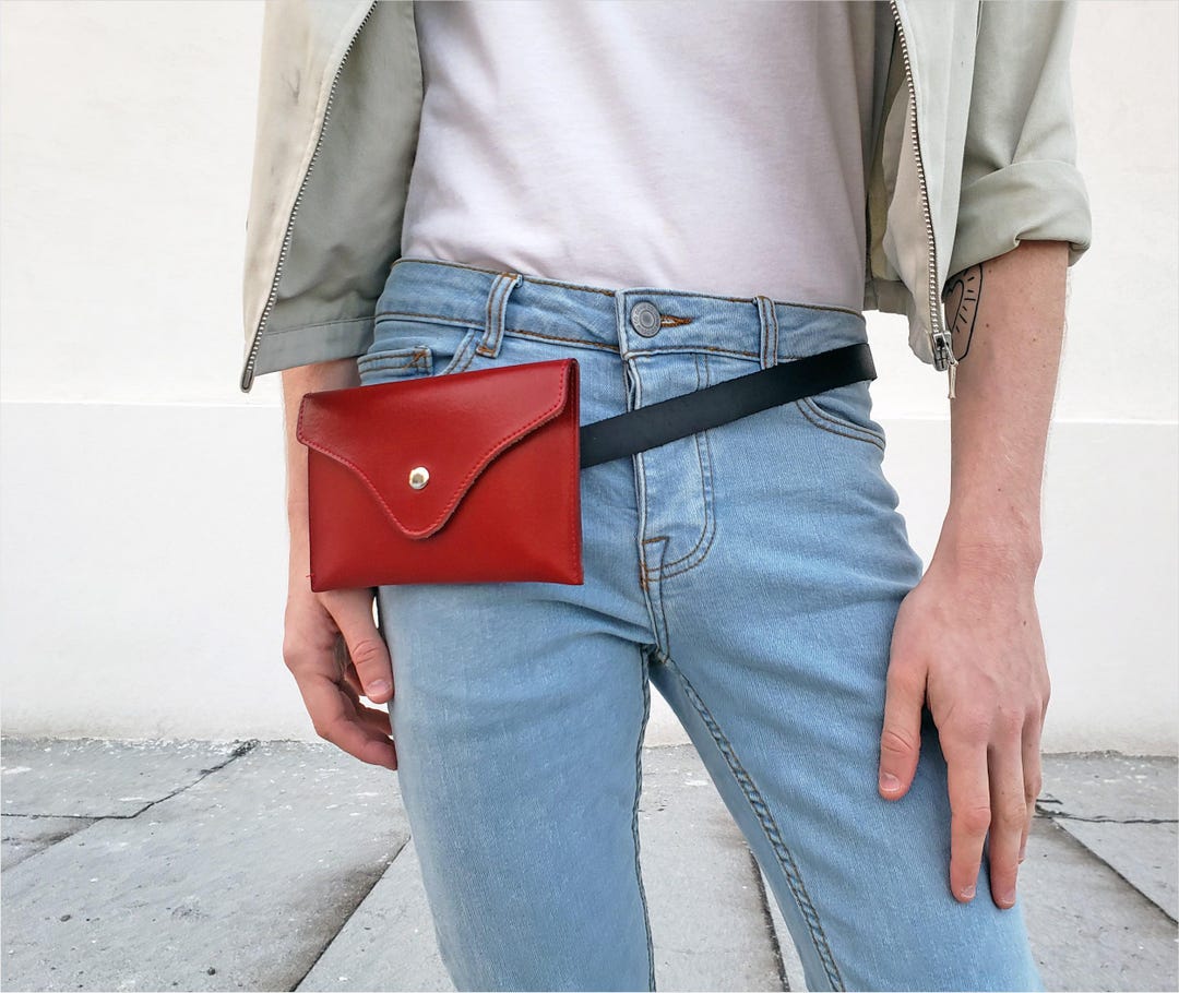 Red Leather Envelope Waist Purse, Red Leather Belt Bag UNISEX Leather ...