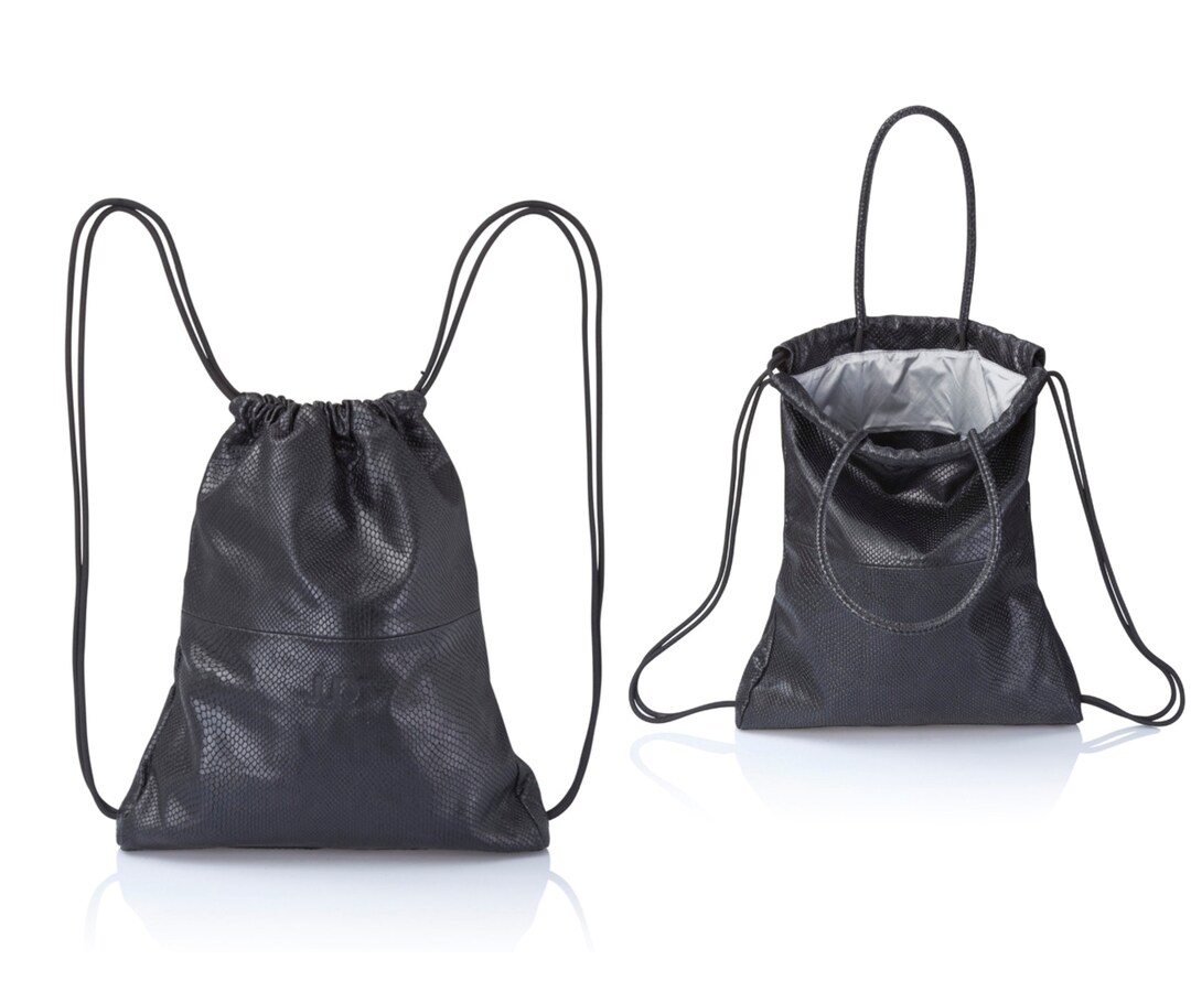 2-in-1 Convertible Leather Drawstring Bag - Black Python Leather ...
