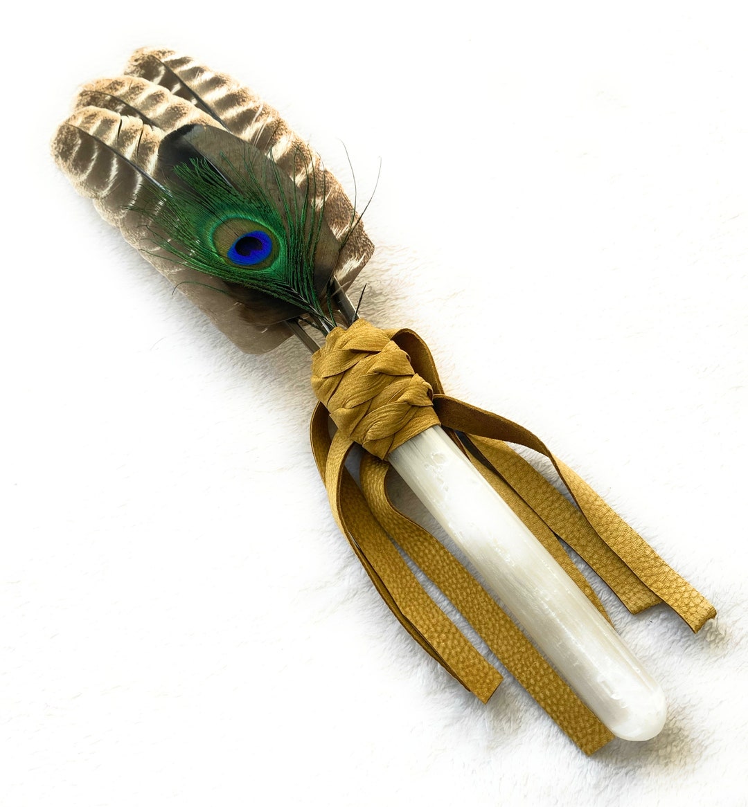 Feather Smudge Fan With Selenite Crystal Handle, Ceremonial Fan, Prayer ...