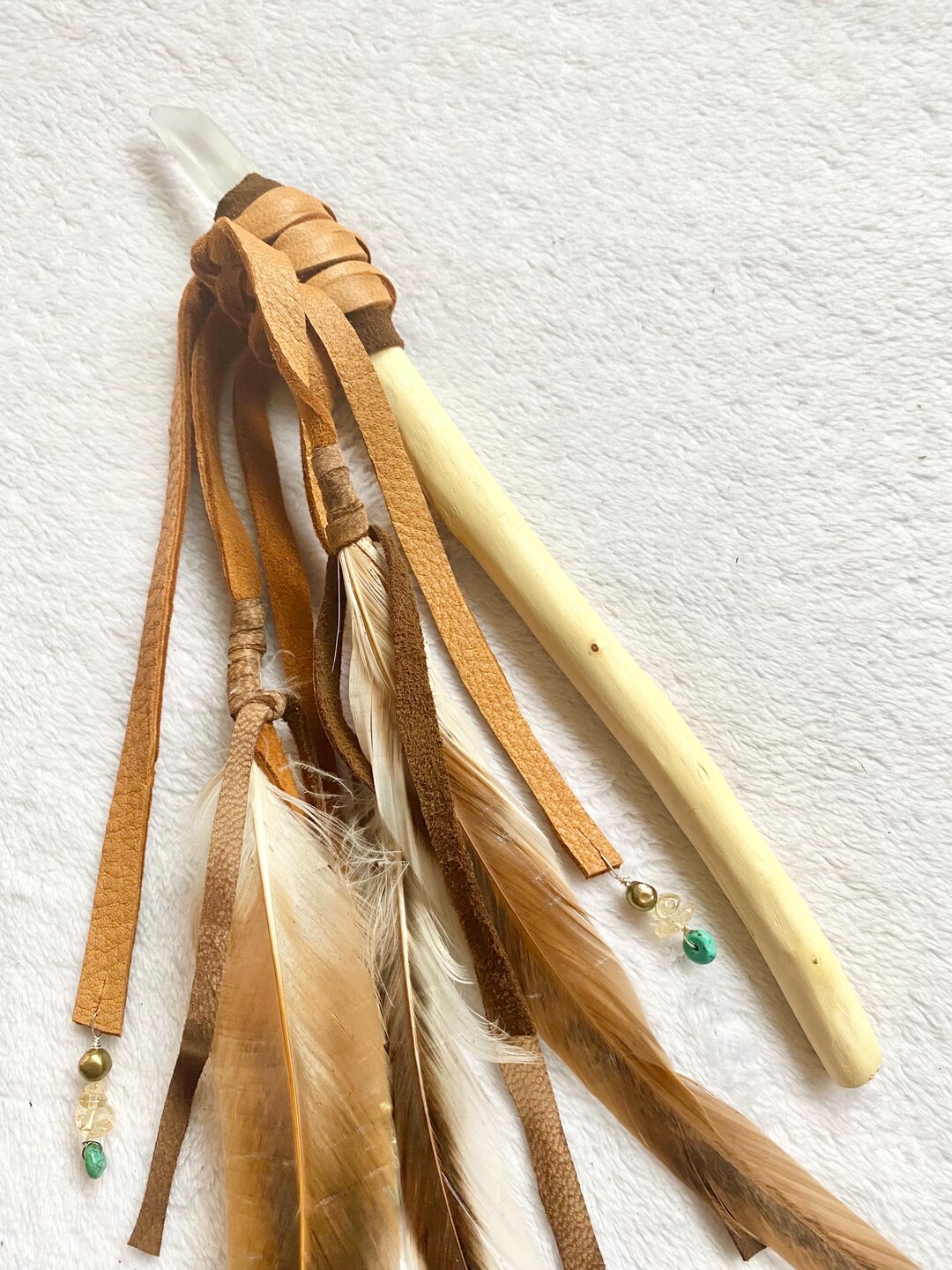 Talking Stick With Quartz Crystal, Feathers and Gemstones, Handcrafted ...