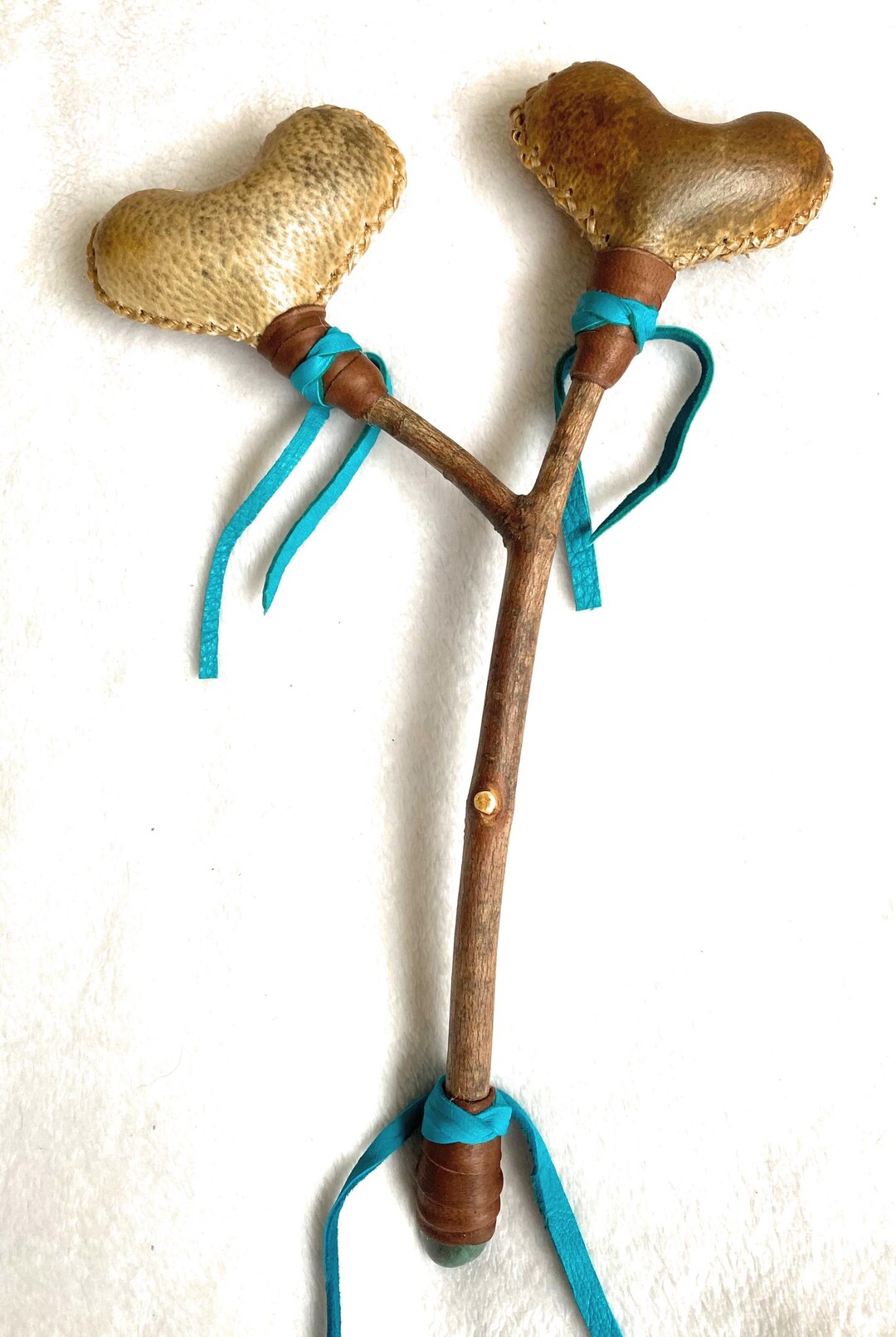 Double Heart Bear Rattle With Green Aventurine Crystal, Rawhide Rattle ...