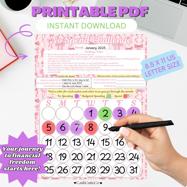 Bows Printable No Spend Challenge, Spending Tracker, Budgeting ...