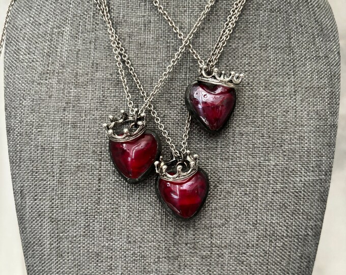 Heart Pendant With Floating Crown Necklace, Red Lamp Work Glass ...