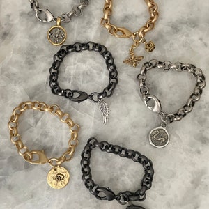 Chain Bracelet With Charms, 11mm Antique Silver, Gunmetal or Gold Rolo ...