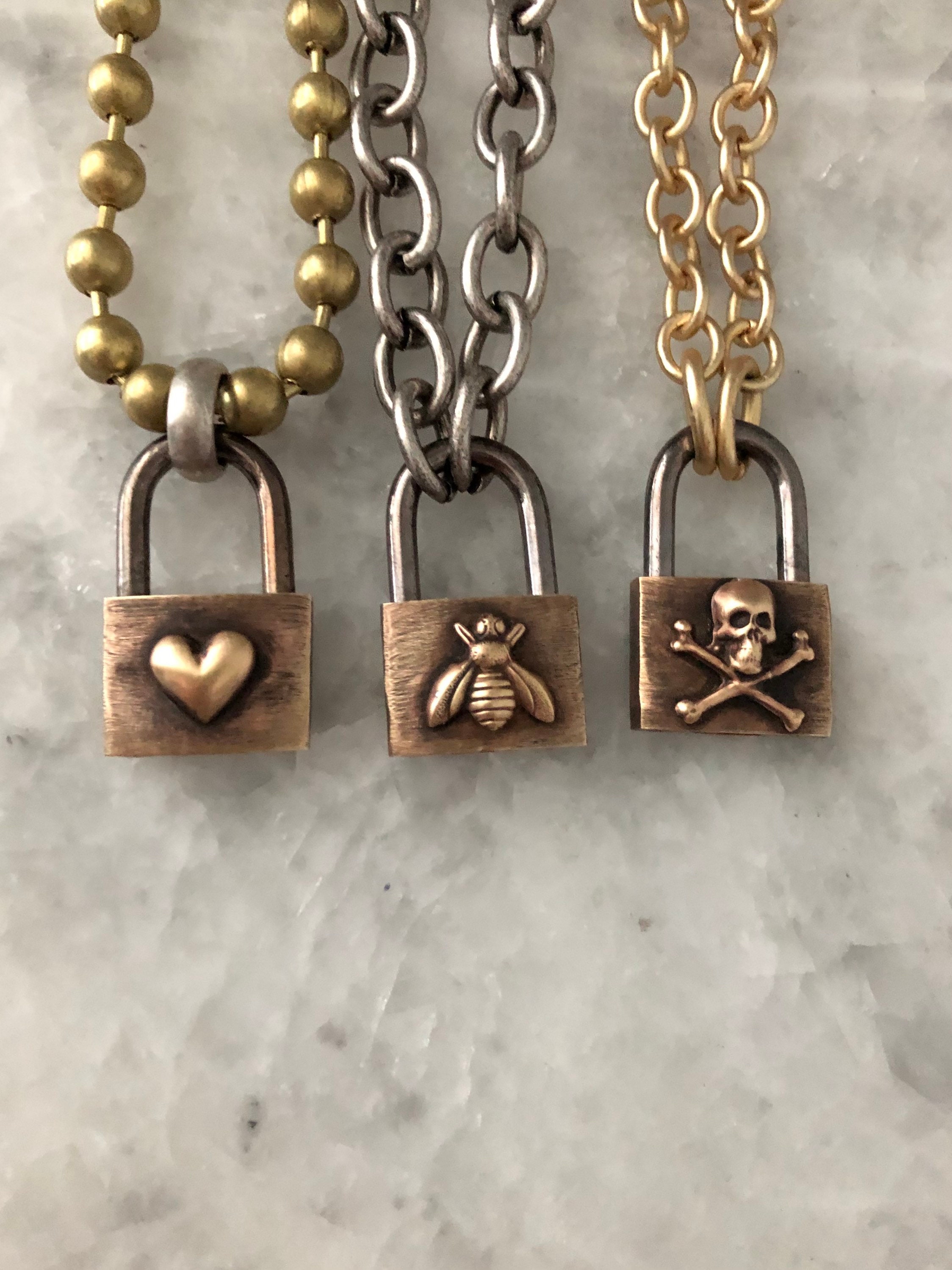 Padlock Pendant, Small Vintage Brass, Heart, Bee, Flower, Unicorn ...