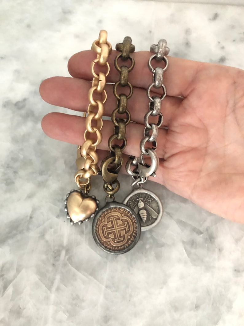 Chain Bracelet With Coins 11mm Antique Silver or Gold Rolo - Etsy