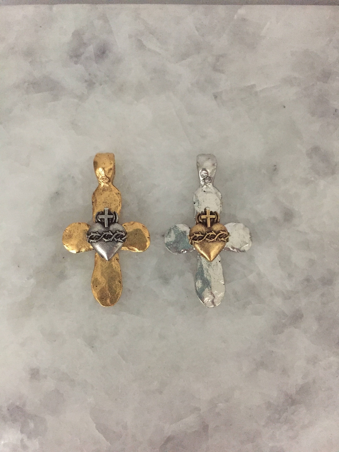 Sacred Heart Cross Pendant, Hammered, Gold OR Silver, Pewter, Bail ...