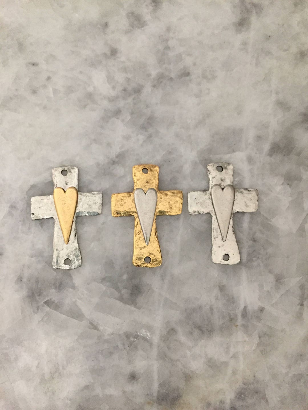 Cross Pendant or Connector W/ Elongated Heart, 48mm, 2 Holes, GOLD or ...