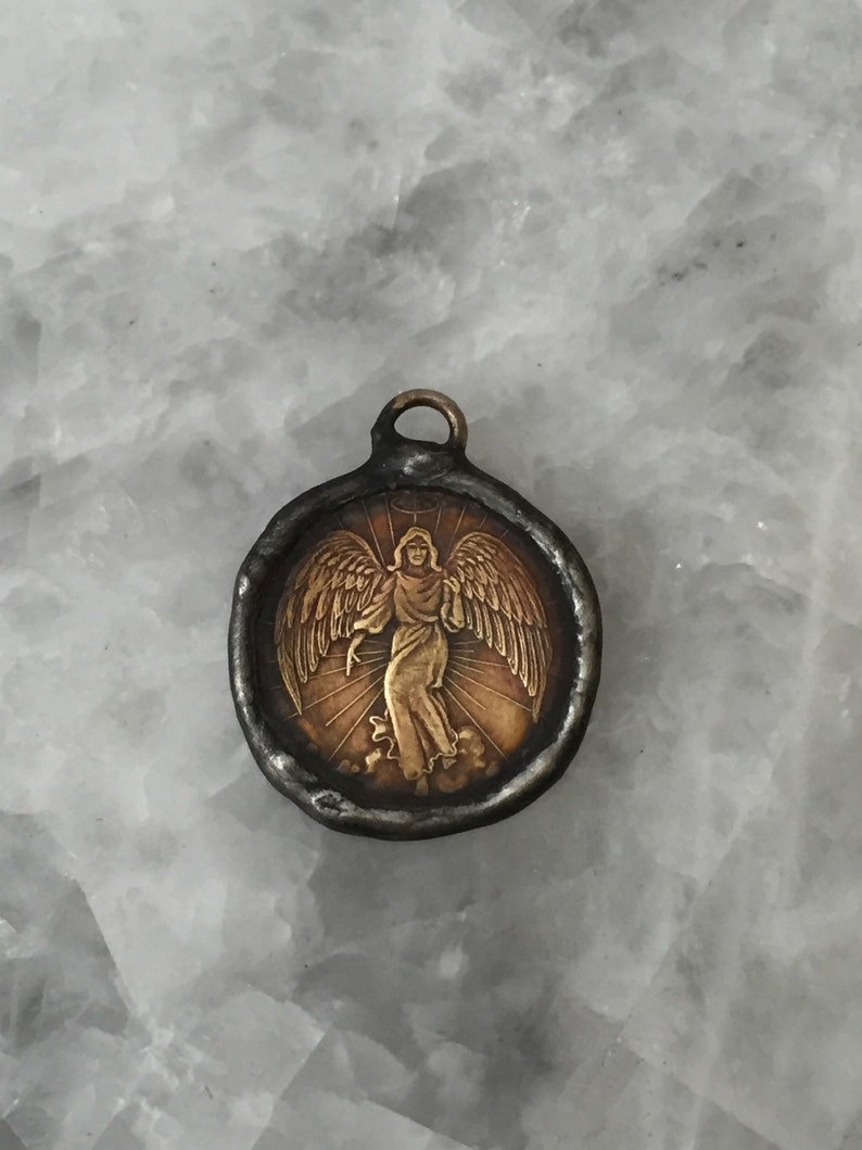 Soldered Angel Coin Pendant, Medal, 27mm Rustic Brass Coin, Guardian ...