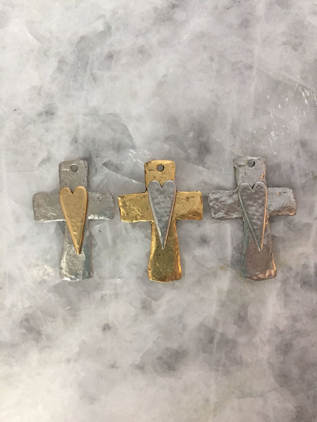 Rustic Cross Pendant With Heart, GOLD or SILVER, 1 Hole, FLAT, Hammered ...