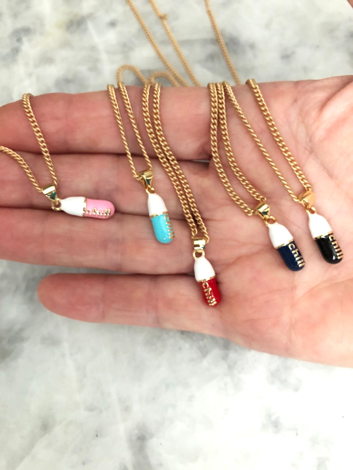 Chill Pill Necklace Enamel Charm Matte Gold Chain 16 | Etsy